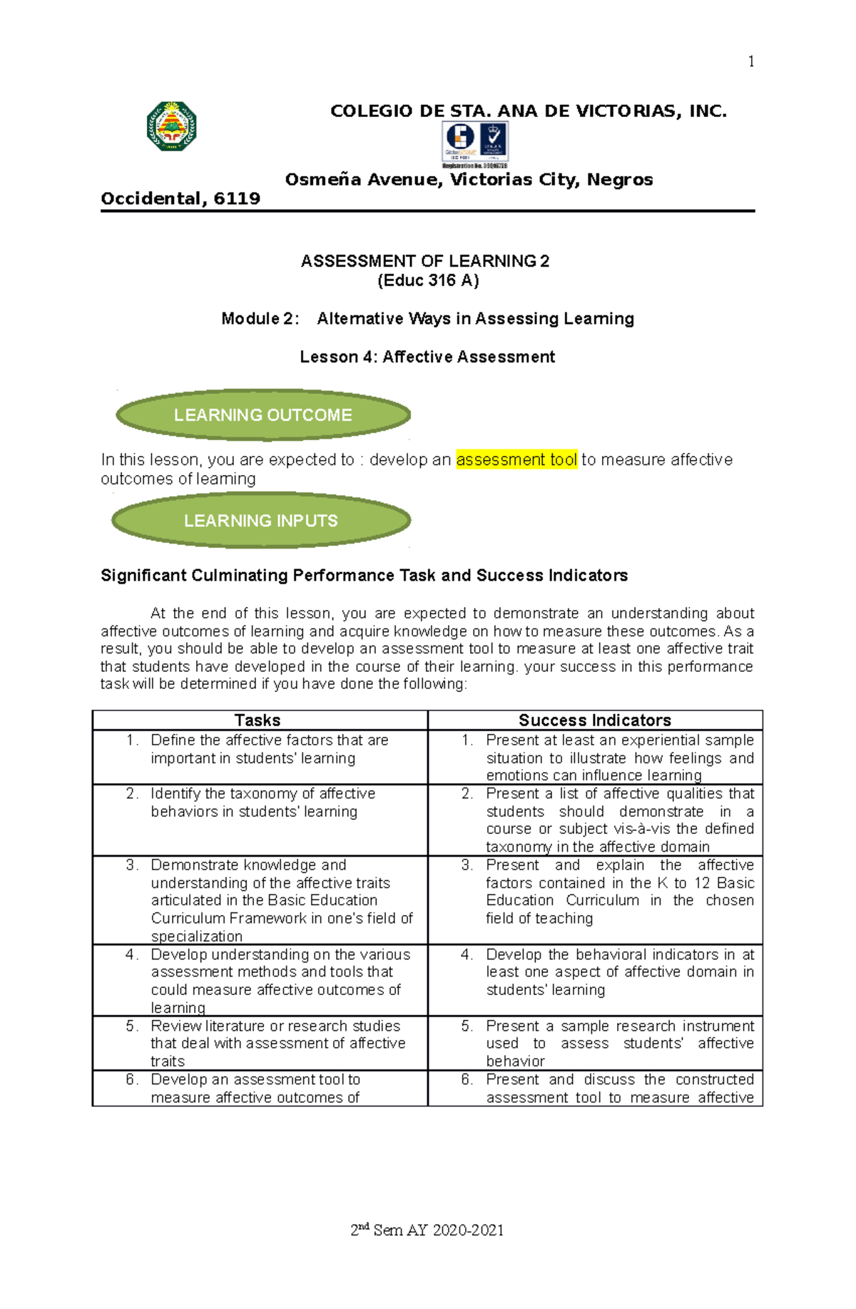 Lesson 4: Affective Assessment in Educ 316 A Module 2 - Studocu