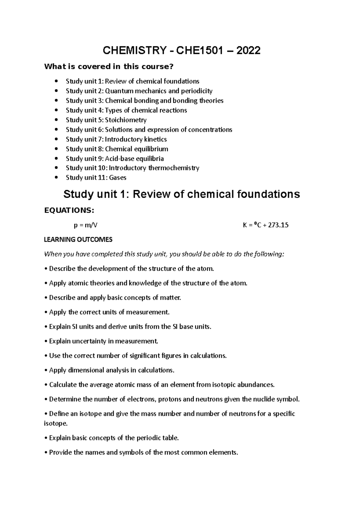 CHE1501 Study unit 1 - 1.1 - CHEMISTRY - CHE1501 – 2022 What is covered ...