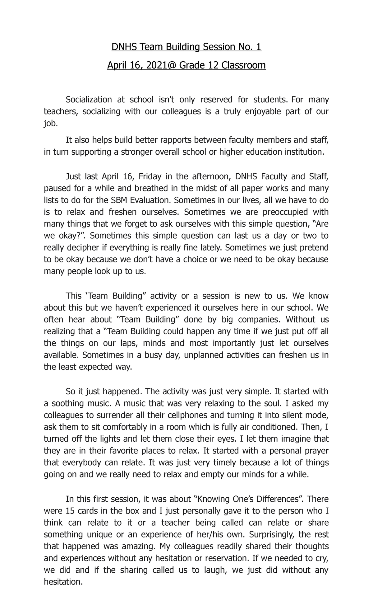 DNHS Grade 12 Faculty Team Building Session Reflection - April 2021 - Studocu