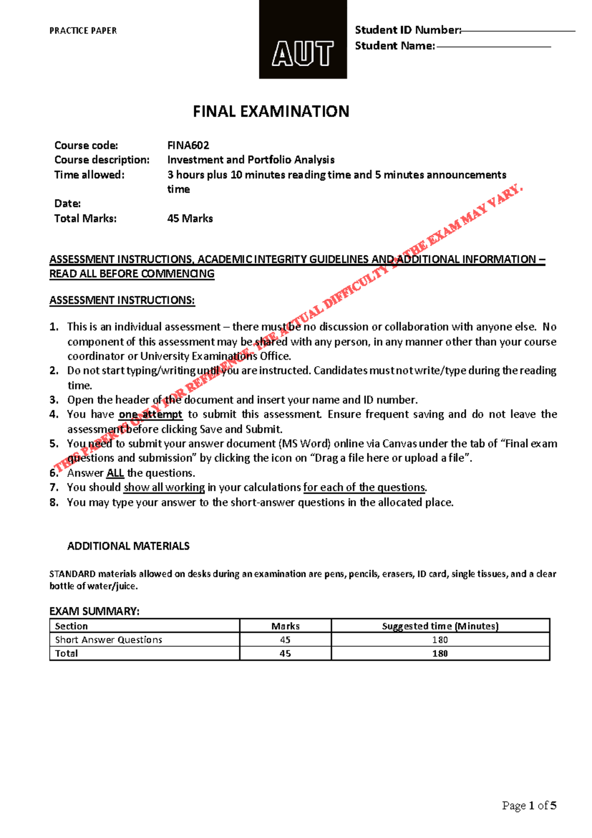 FINA602 Final Exam Practice Paper: Investment & Portfolio Analysis ...