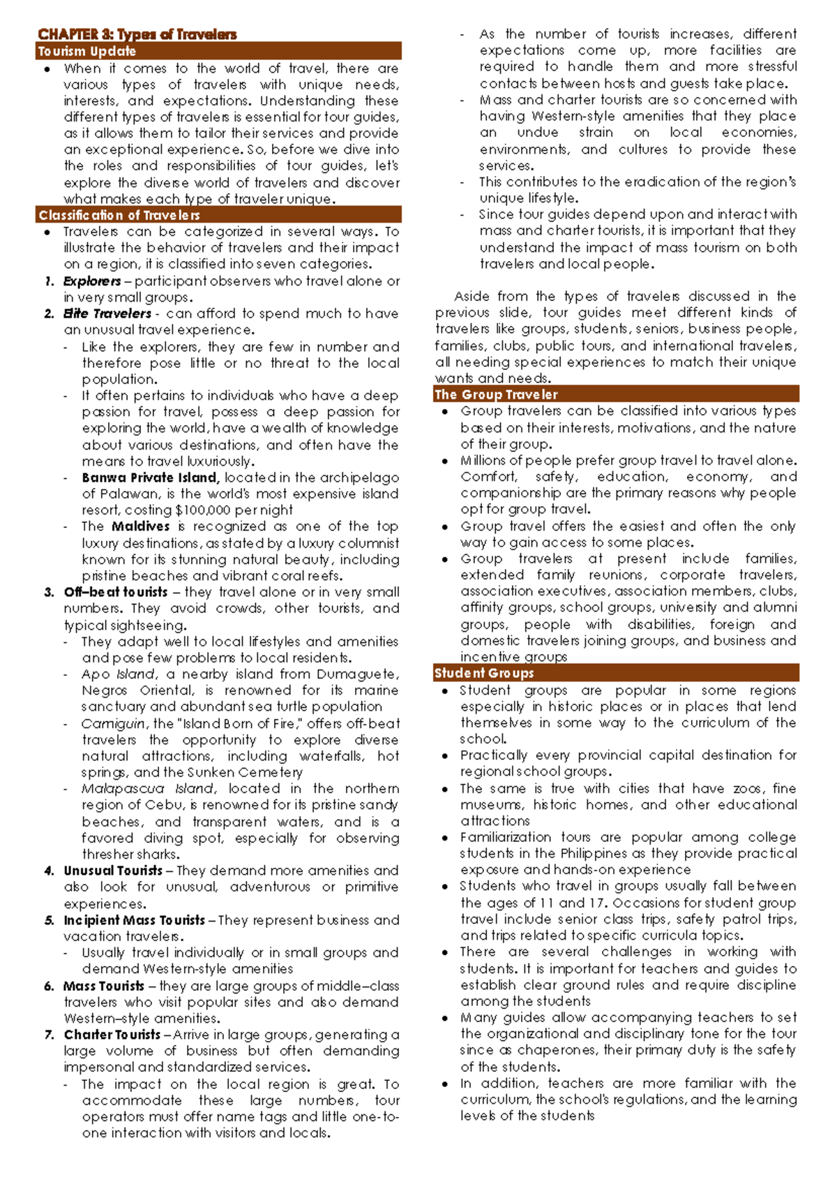 Chapter 3&4 - Understanding Travelers & Tour Guiding Techniques - Studocu