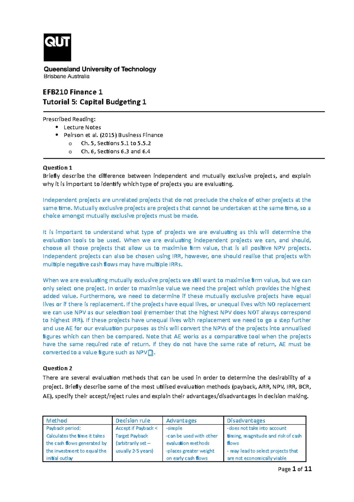 EFB210 Finance 1, Tutorial 05: Capital Budgeting Concepts & Solutions ...