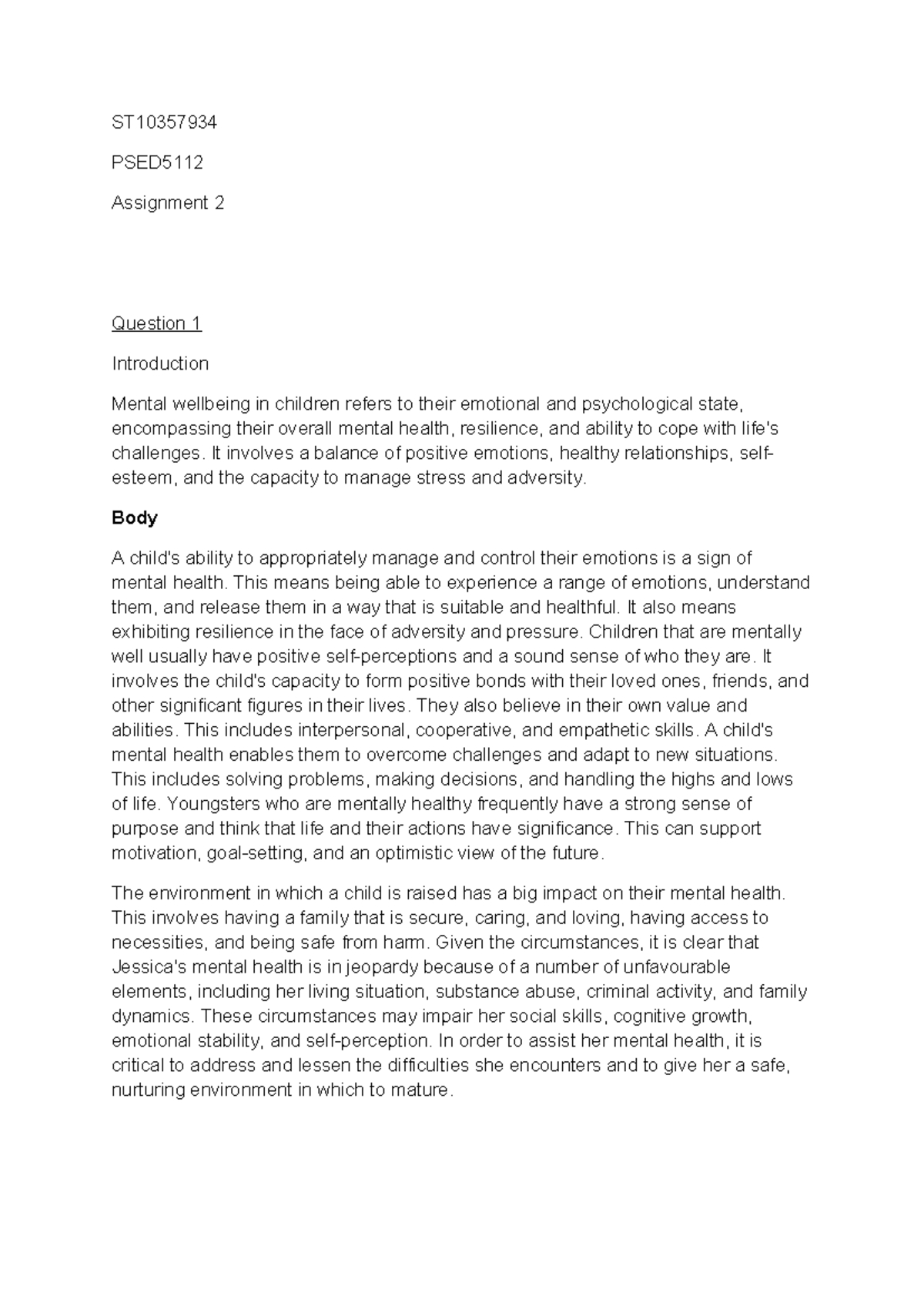 ST10357934 psed assignment 2 - ST PSED Assignment 2 Question 1 Introduction Mental wellbeing in ...