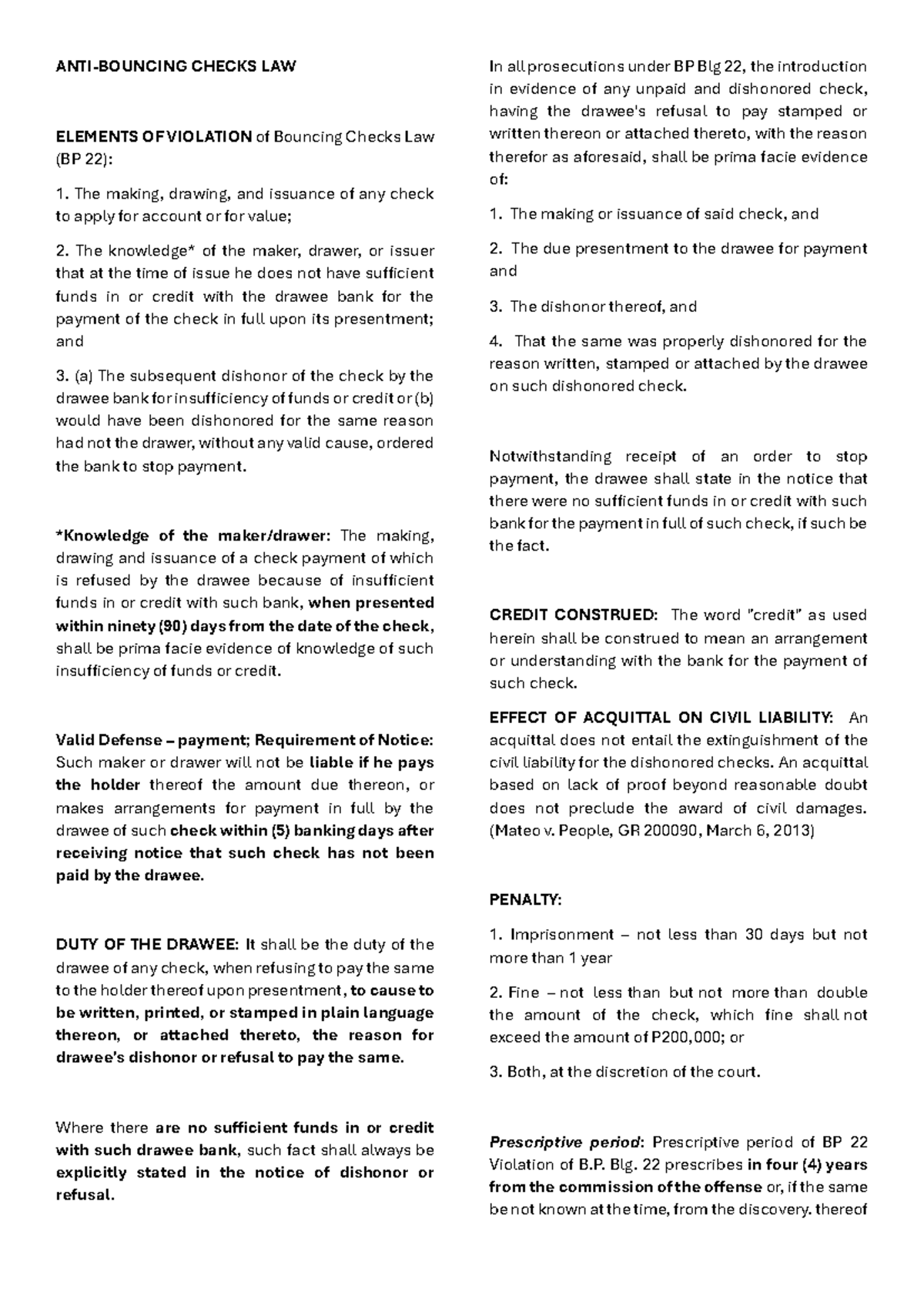 BP 22: Elements and Penalties of Bouncing Checks Law - Studocu
