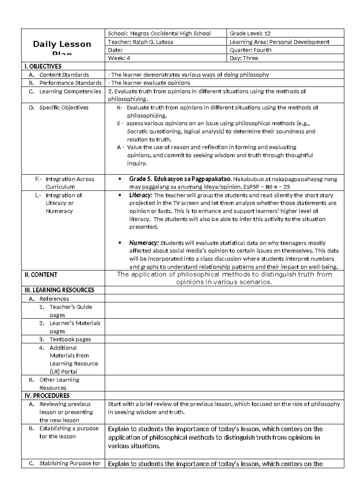 Intro to Philosophy - Daily Lesson Plan (DLP) - Q1 L3 Week 4 - Studocu