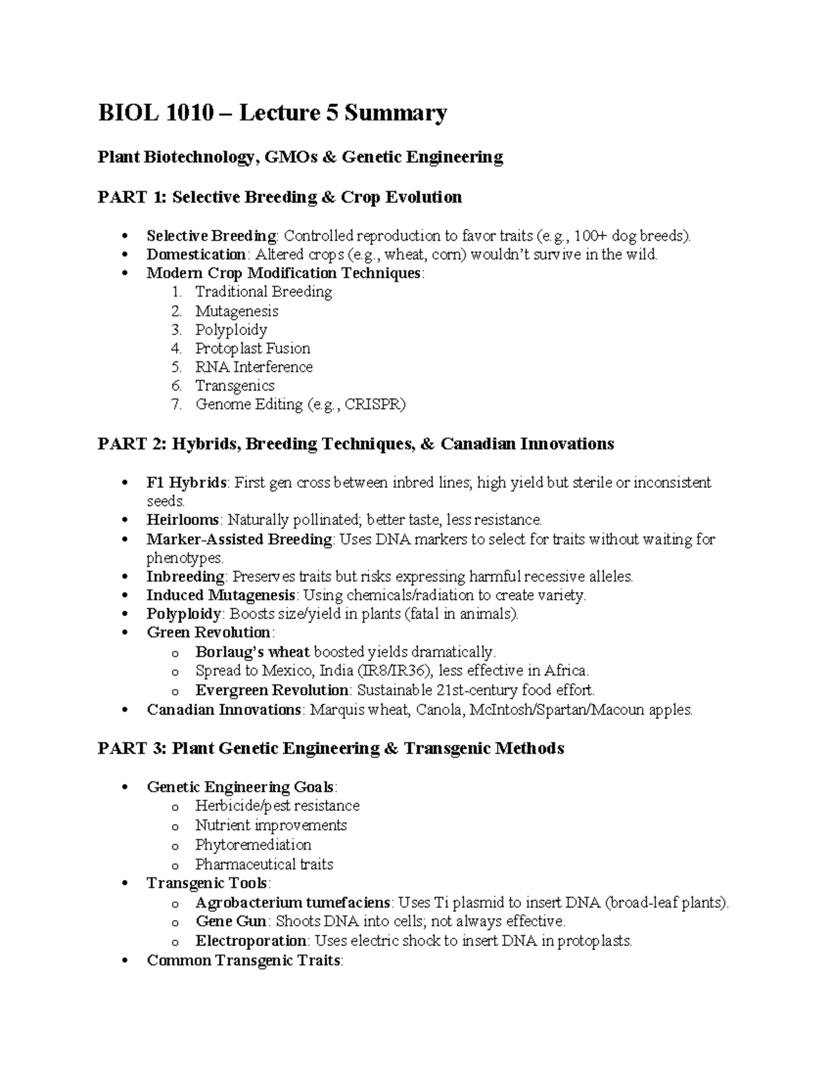 BIOL 1010 Lecture 5 Summary: Plant Biotechnology & Genetic Engineering ...