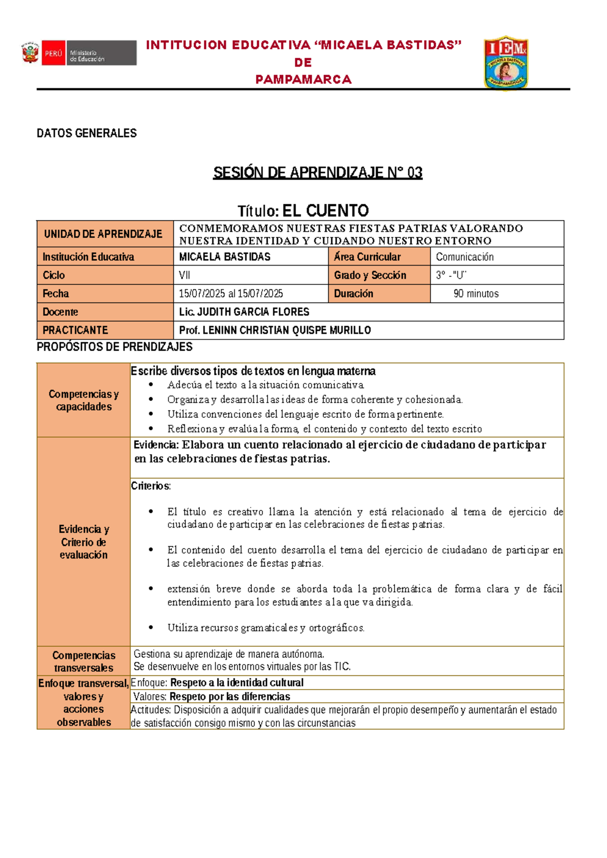 Sesion De Aprendizaje 03 El Cuento Valorando Nuestra Identidad Studocu