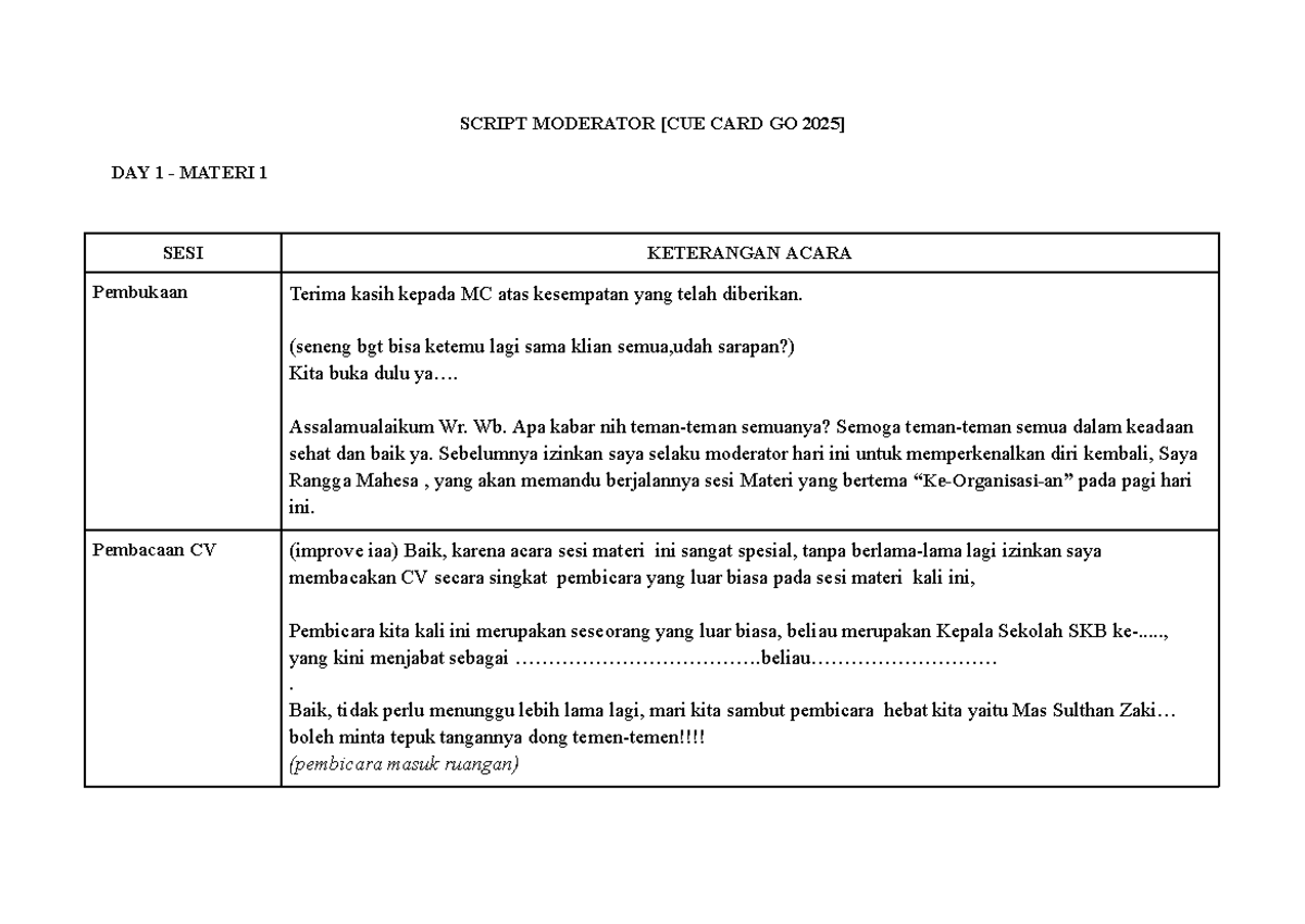 Moderator Script for Keorganisasian GO Day 1 - Materi 1 - Studocu