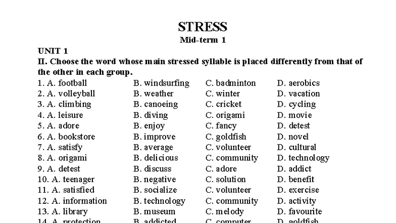 STRESS 1: Stressed Syllable Differentiation Exercises - Studocu