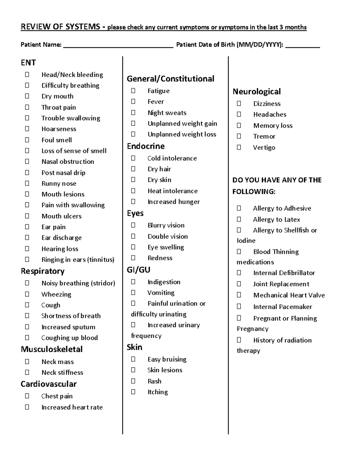 REVIEW OF SYSTEMS (ROS) - Current & Recent Symptoms Assessment - Studocu