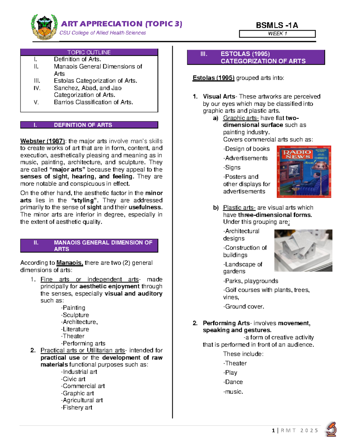 BSMLS 1A: Week 1 - Overview of Major and Minor Arts Categories - Studocu
