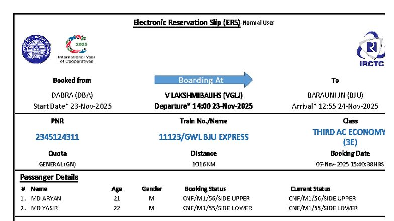 Electronic Reservation Slip for Train PNR 2345124311 (DBA) - Studocu