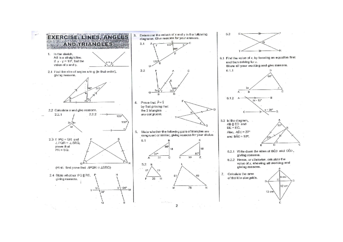 Geometry WS WCED: Solving for x and y in Lines, Angles, and Triangles - Studocu