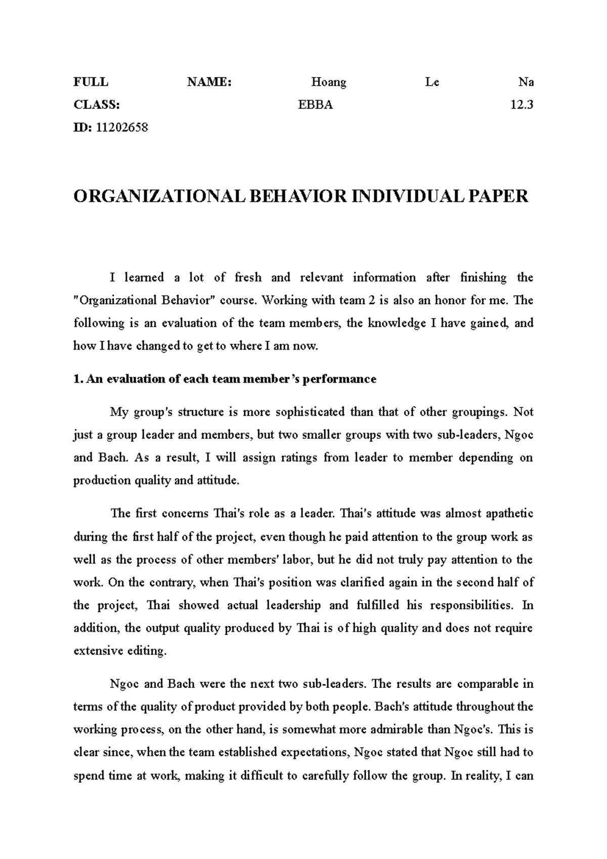 OB Individual Essay 1: Insights from Team Collaboration in EBBA 12 ...