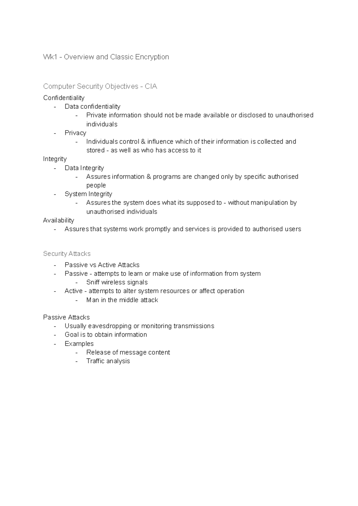 Week 1 - Lecture Notes - Wk1 - Overview and Classic Encryption Computer ...