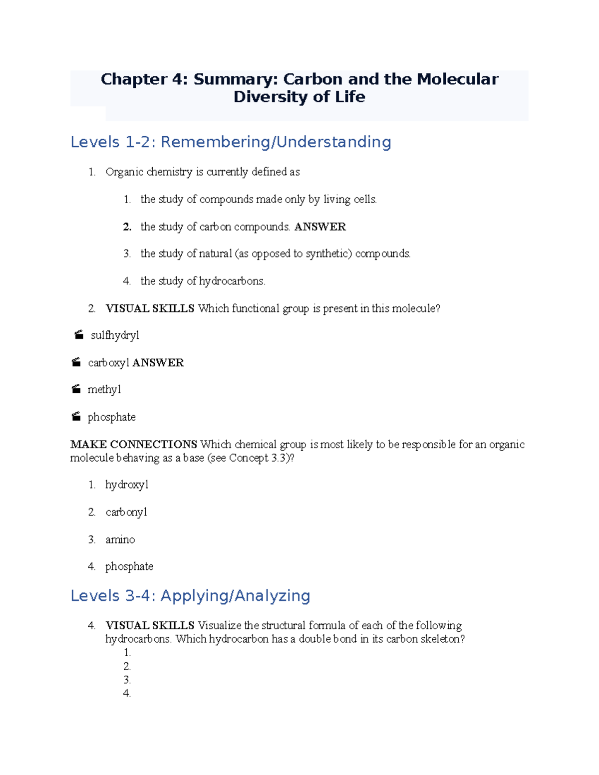 Biol 1201 Chapter 4 Quiz Answers: Carbon and Molecular Diversity - Studocu