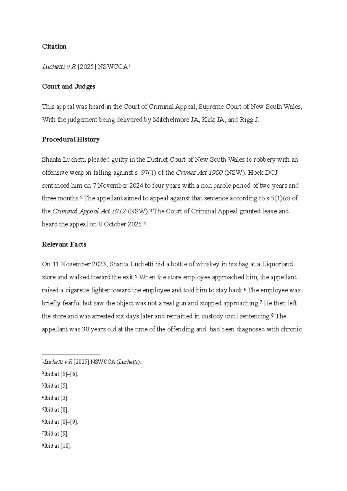 Luchetti v R NSWCCA: Case Notes on Appeal and Sentencing Issues - Studocu