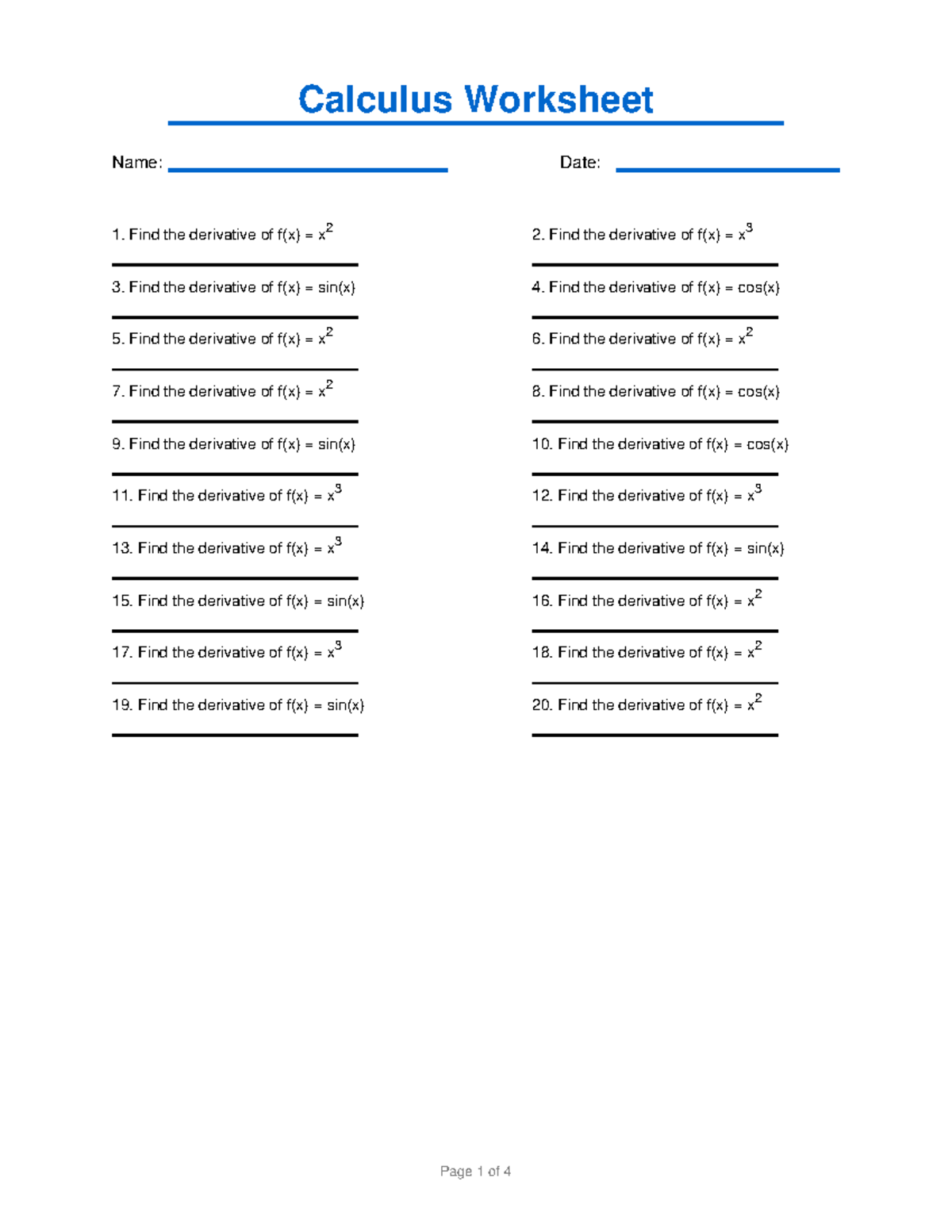 Calculus Worksheet 2 - Derivatives and Problem Solving - Studocu