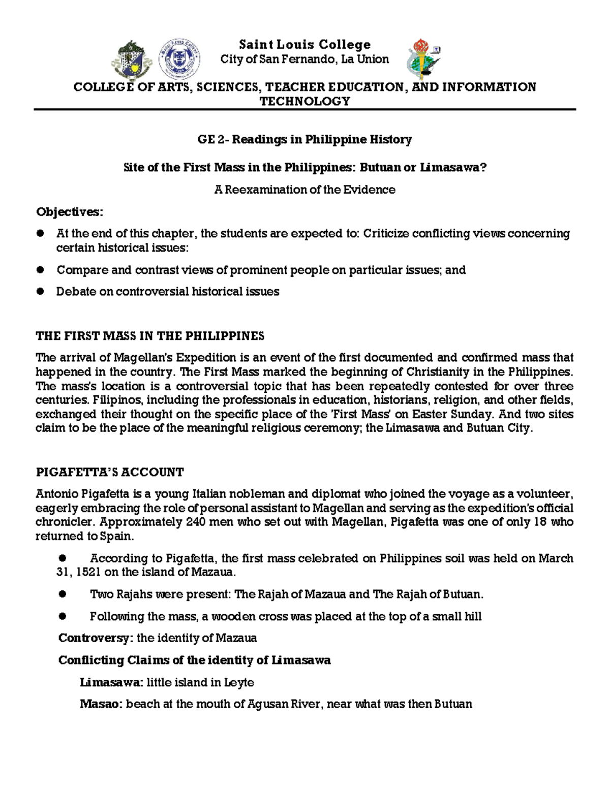 Readings in Philippine History- Site of the First Mass in the ...