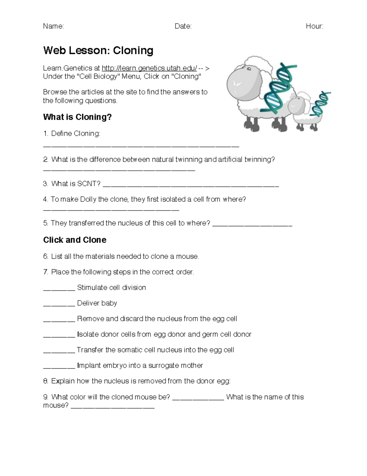 Web Lesson on Cloning - Cell Biology Insights and Q&A - Studocu