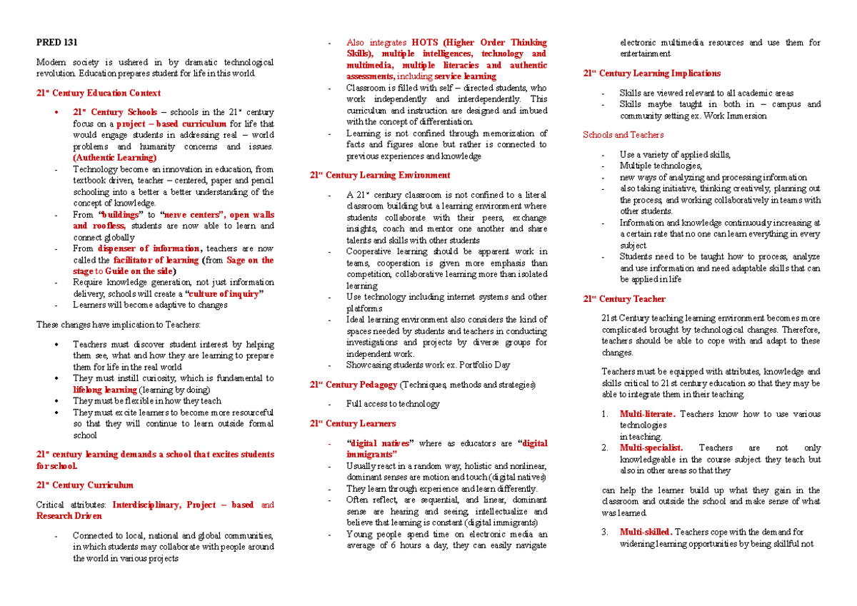 PRED 131 - 21st Century Education: Frameworks and Implications for Learning - Studocu