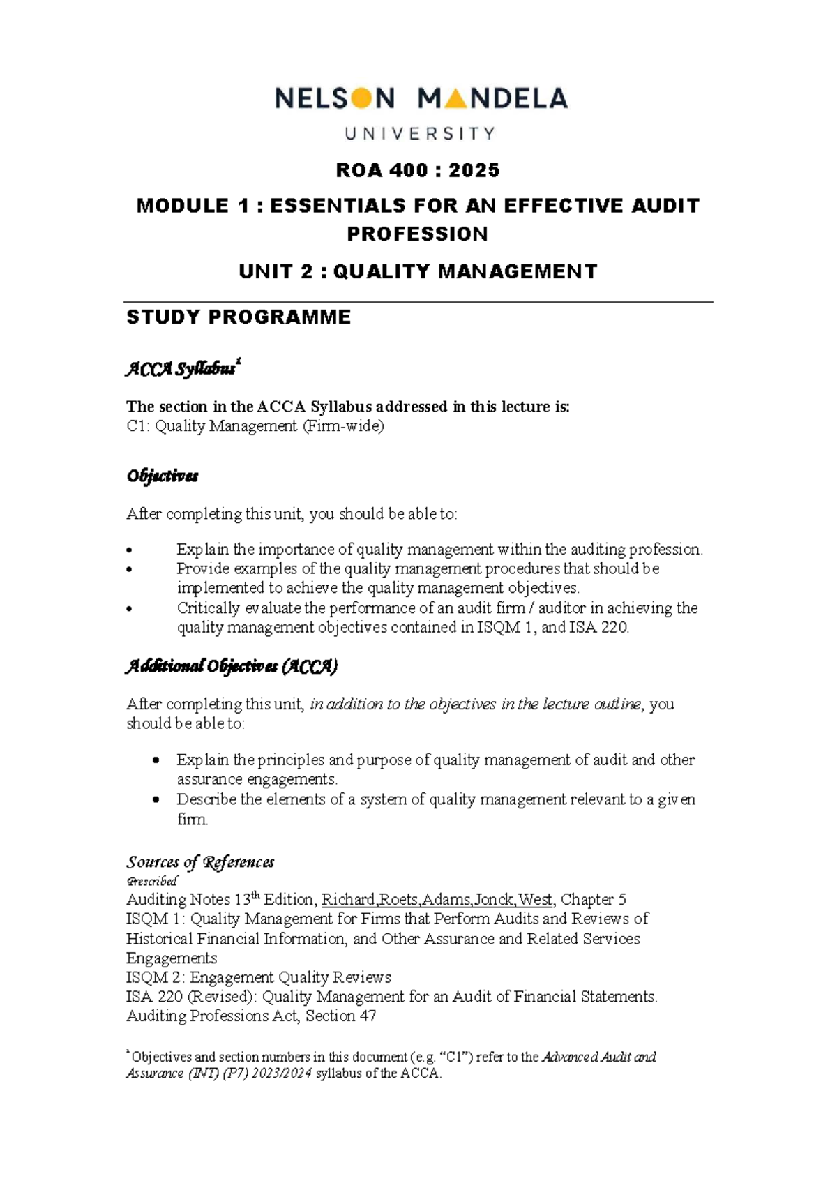 ROA 400: Module 1 - Unit 2 Lecture Notes on Quality Management - Studocu