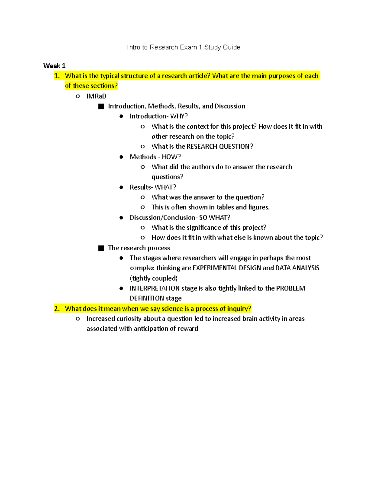 Intro to Research Exam 1 Study Guide Revised for Final - Intro to ...