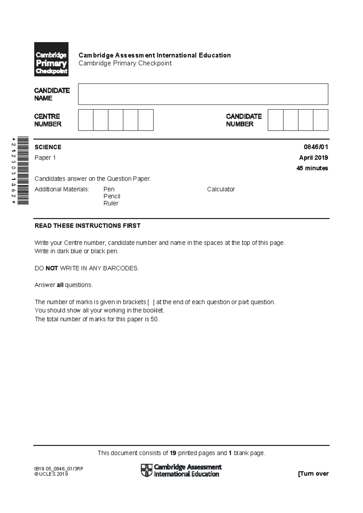 Cambridge Primary Checkpoint Science Paper 1 (0846/01) April 2019 - Studocu