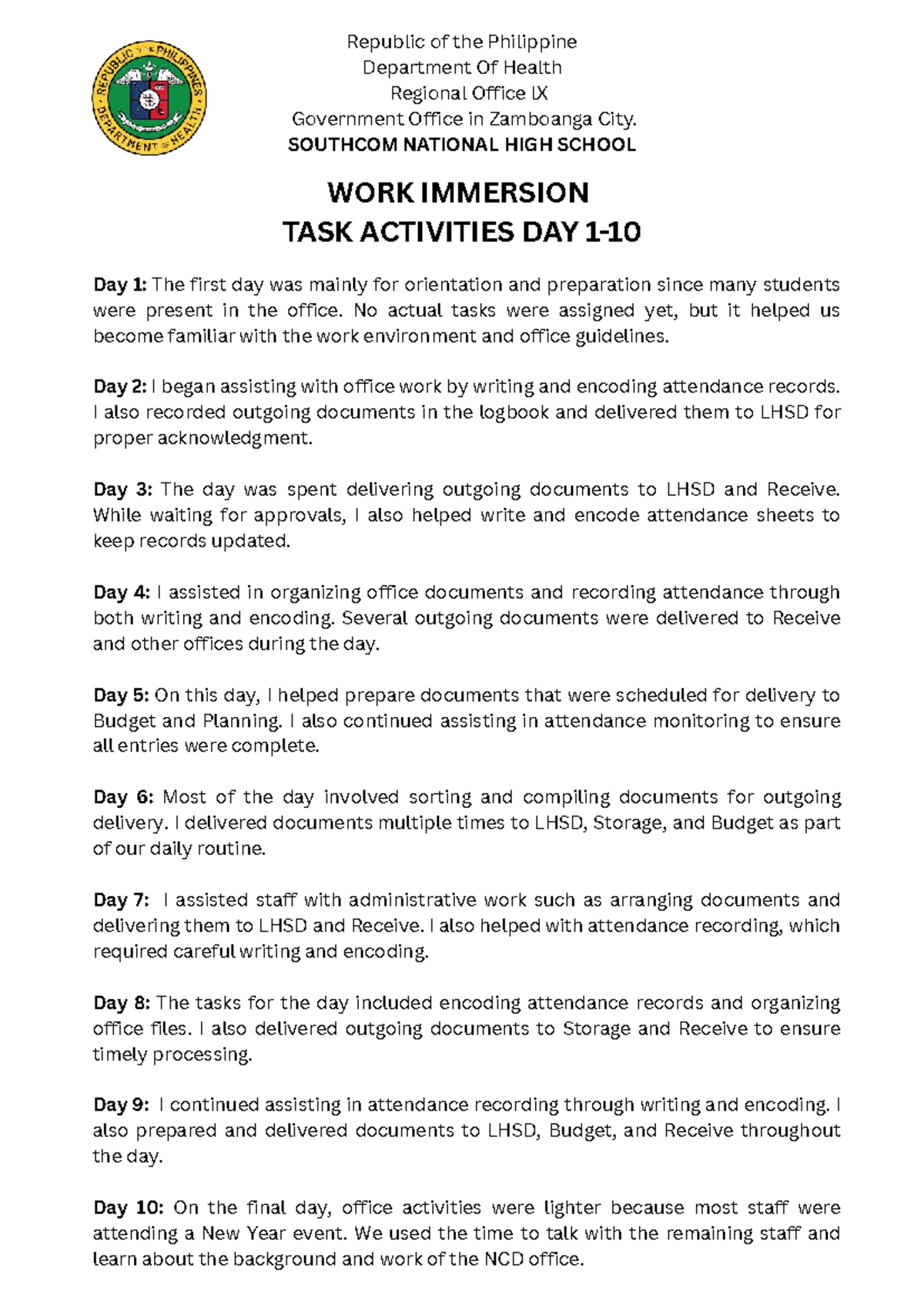 SOUTHCOM NATIONAL HIGH SCHOOL WORK IMMERSION TASK ACTIVITIES - Studocu