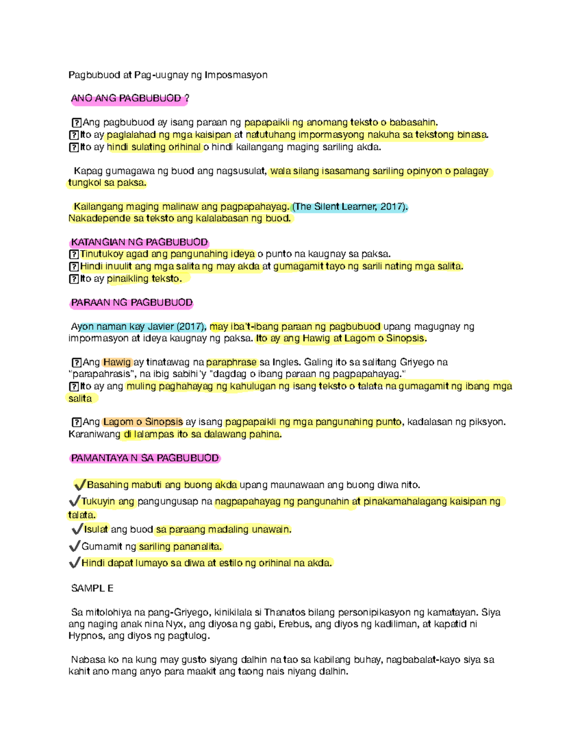 Ang Pagbubuod - Lecture notes 5 - Kontekstwalisasong Komunikasyon sa ...