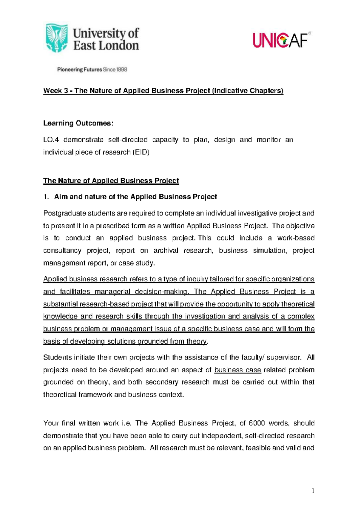 Week 3 - Applied Business Project Overview & Learning Outcomes - Studocu