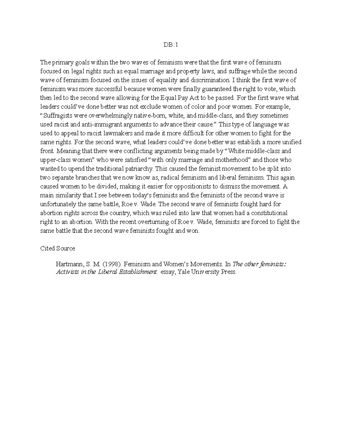 DB 1 - Analyzing the First and Second Waves of Women's Movements - Studocu