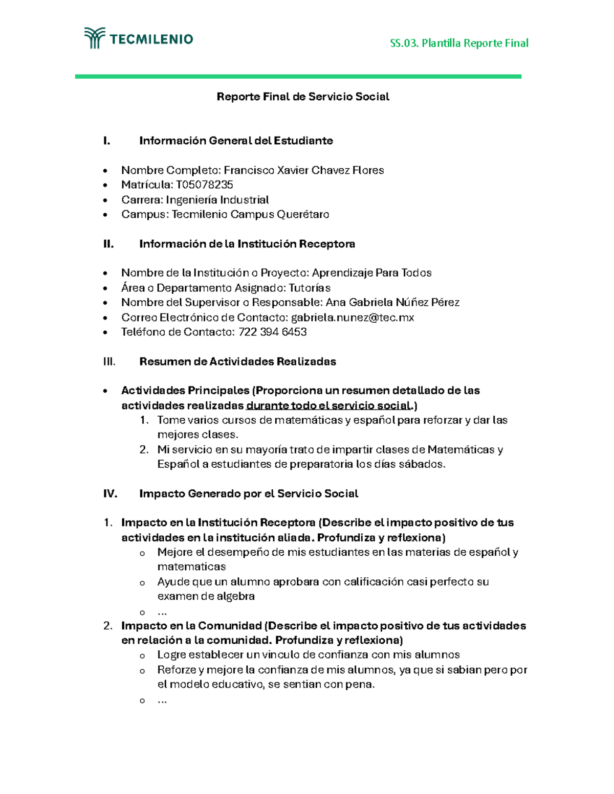 SS.03. Reporte Final de Servicio Social I: Impacto y Reflexiones - Studocu