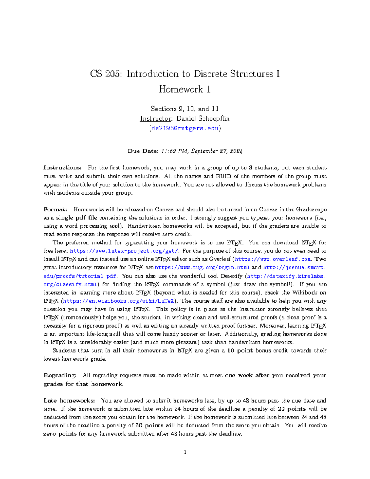CS 205: Discrete Structures I - Homework 1 (Sections 9-11) Instructions and Problems - Studocu