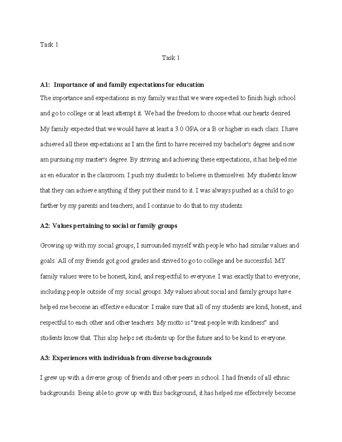 D169 Task 1: Family Expectations and Diverse Learning Experiences - Studocu