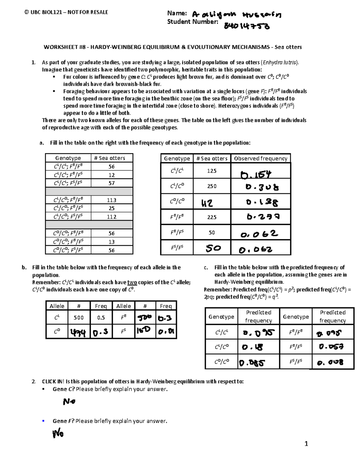 UBC BIOL121 Worksheet #8: Equilibrium Evolutionary Mechanisms - Studocu