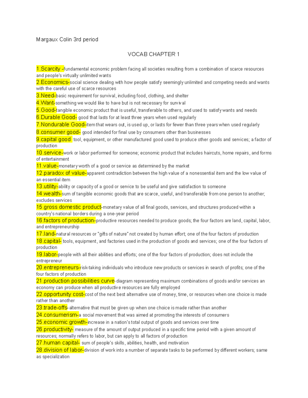 Unit 1 Economics Vocabulary - Margaux Colin 3rd period VOCAB CHAPTER 1 ...