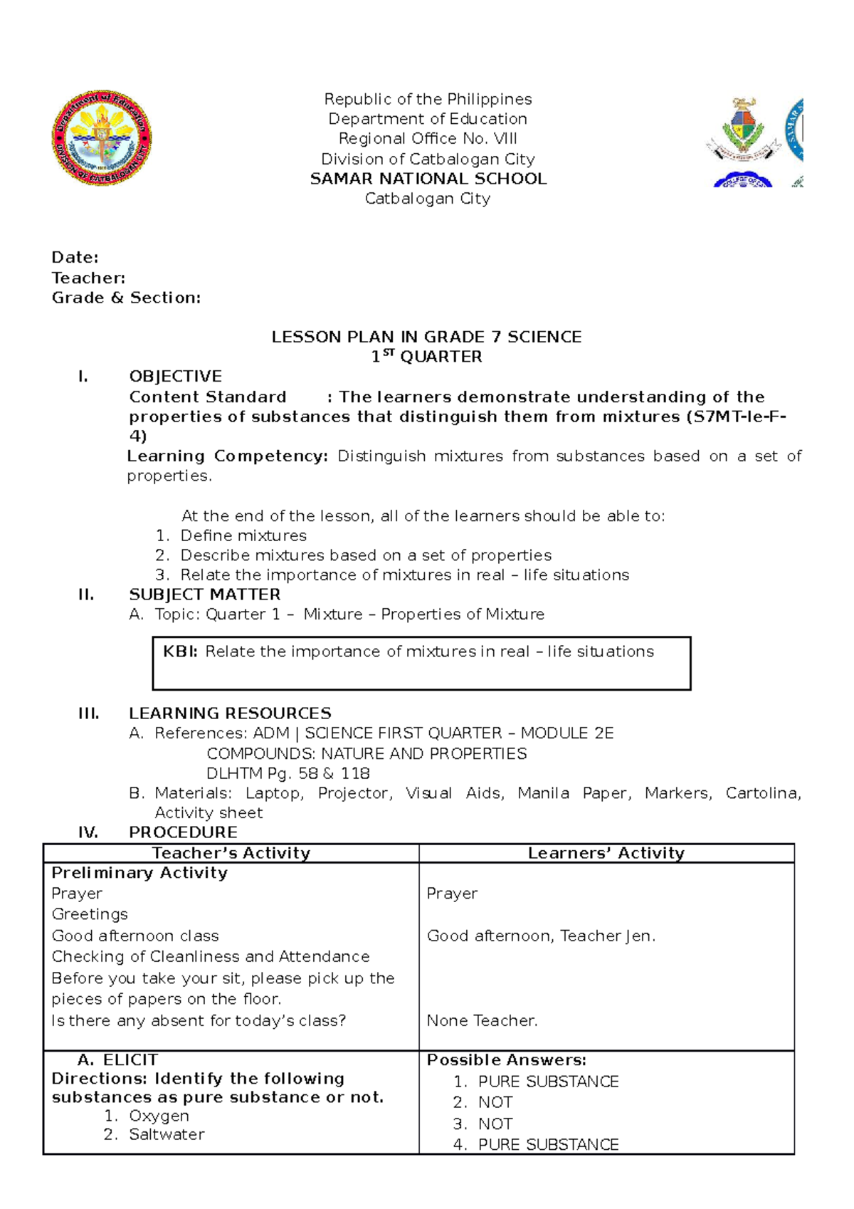 Grade 7 Science Lesson Plan: Understanding Properties of Mixtures - Studocu