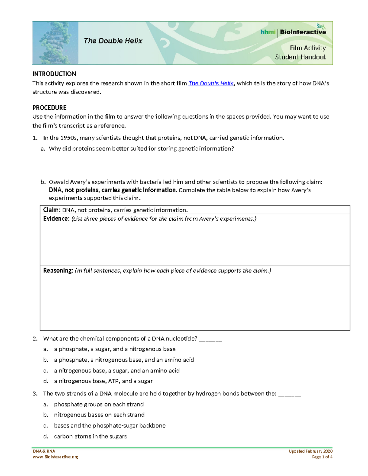 Double Helix Film Activity - Student Handout Guide - Studocu