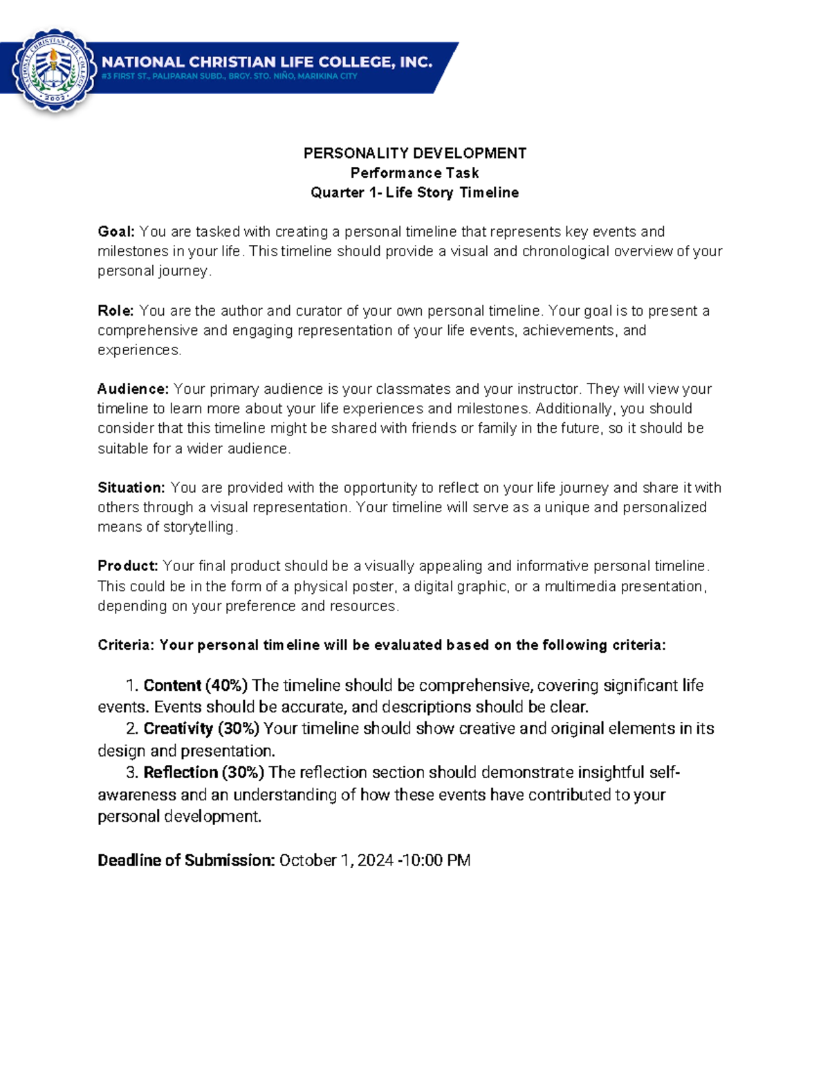 PerDev-PT-Q1: Life Story Timeline Performance Task Guide - Studocu