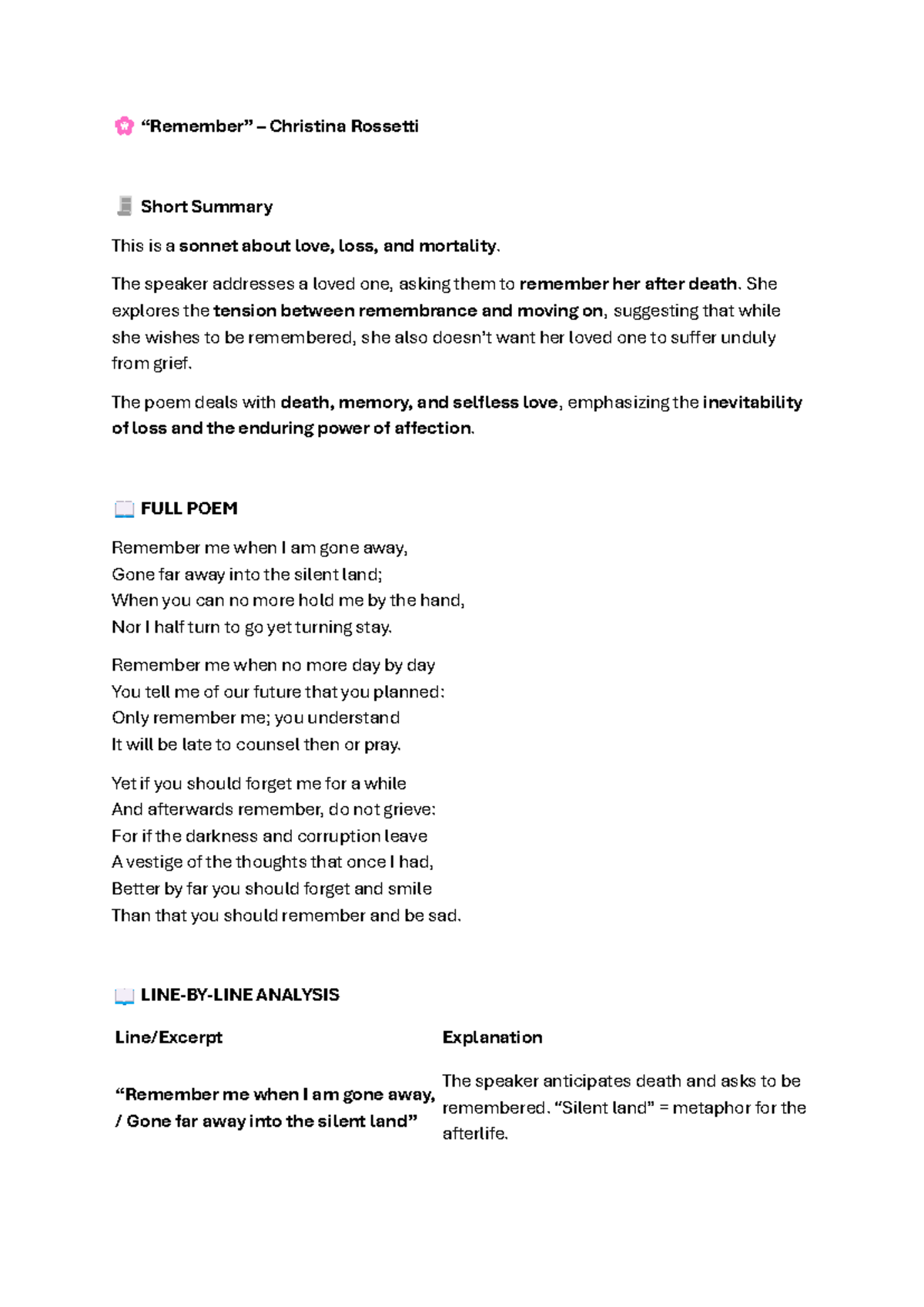 Christina Rossetti's "Remember" - Poem Analysis & Themes - Studocu