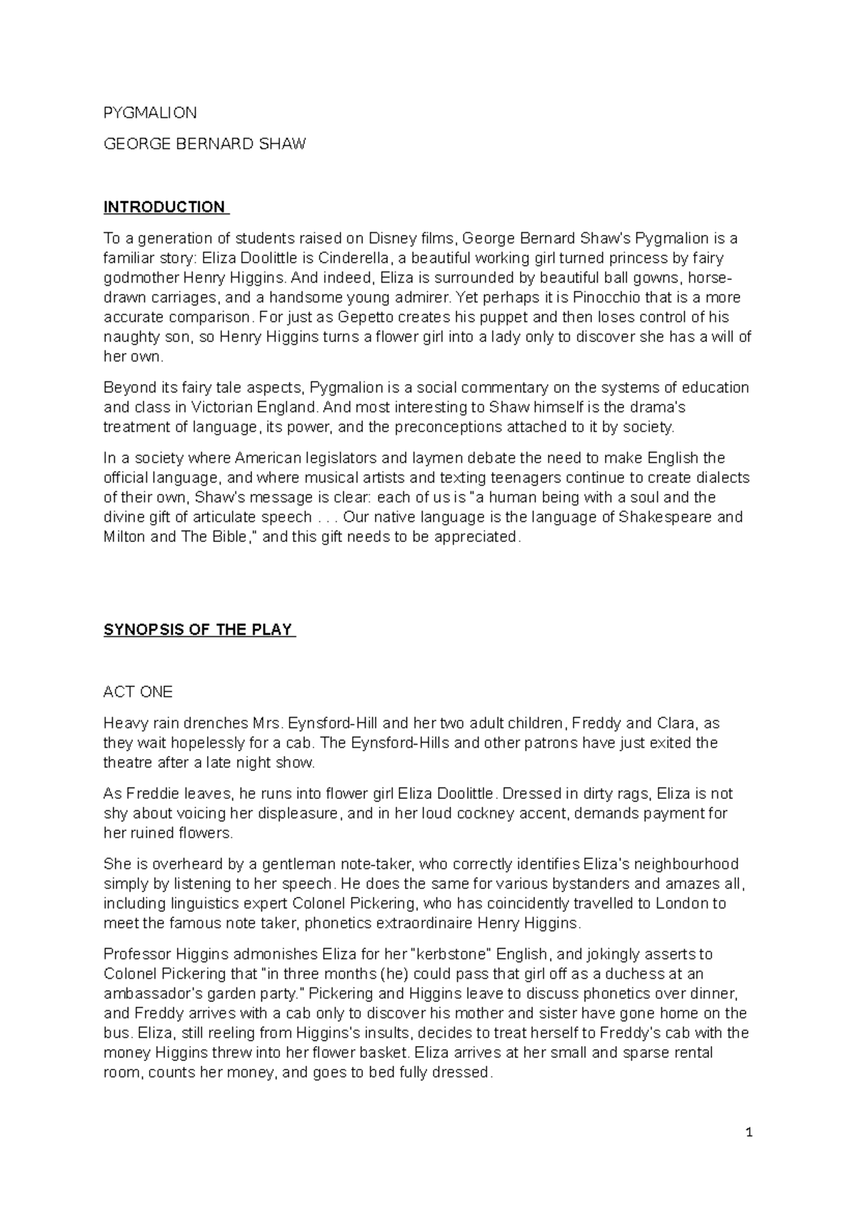 Gr.11 Pygmalion - Comprehensive Study Guide and Analysis - Studocu