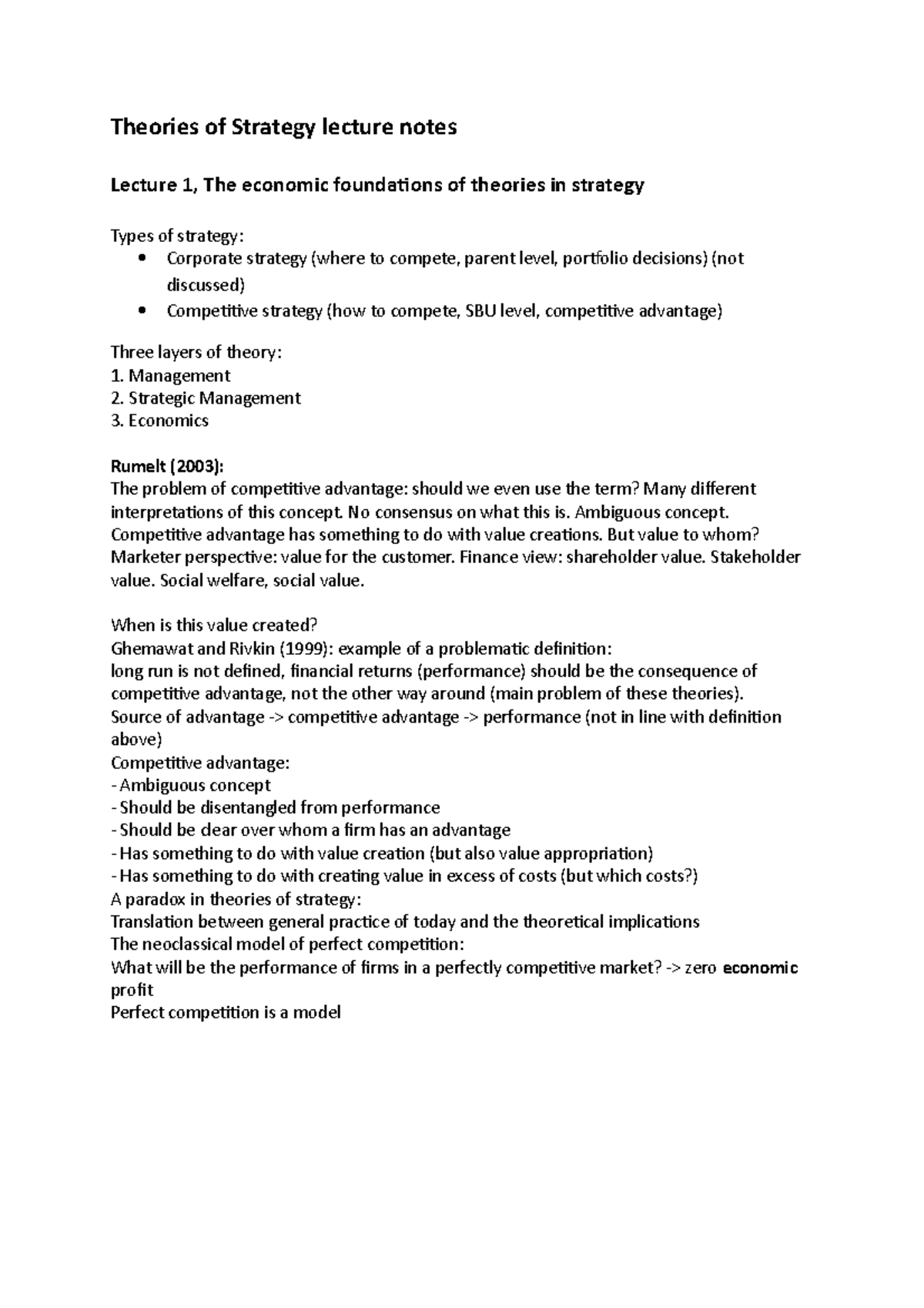Theories of Strategy Lecture Notes (Course Code: STRAT-101) - Studeersnel