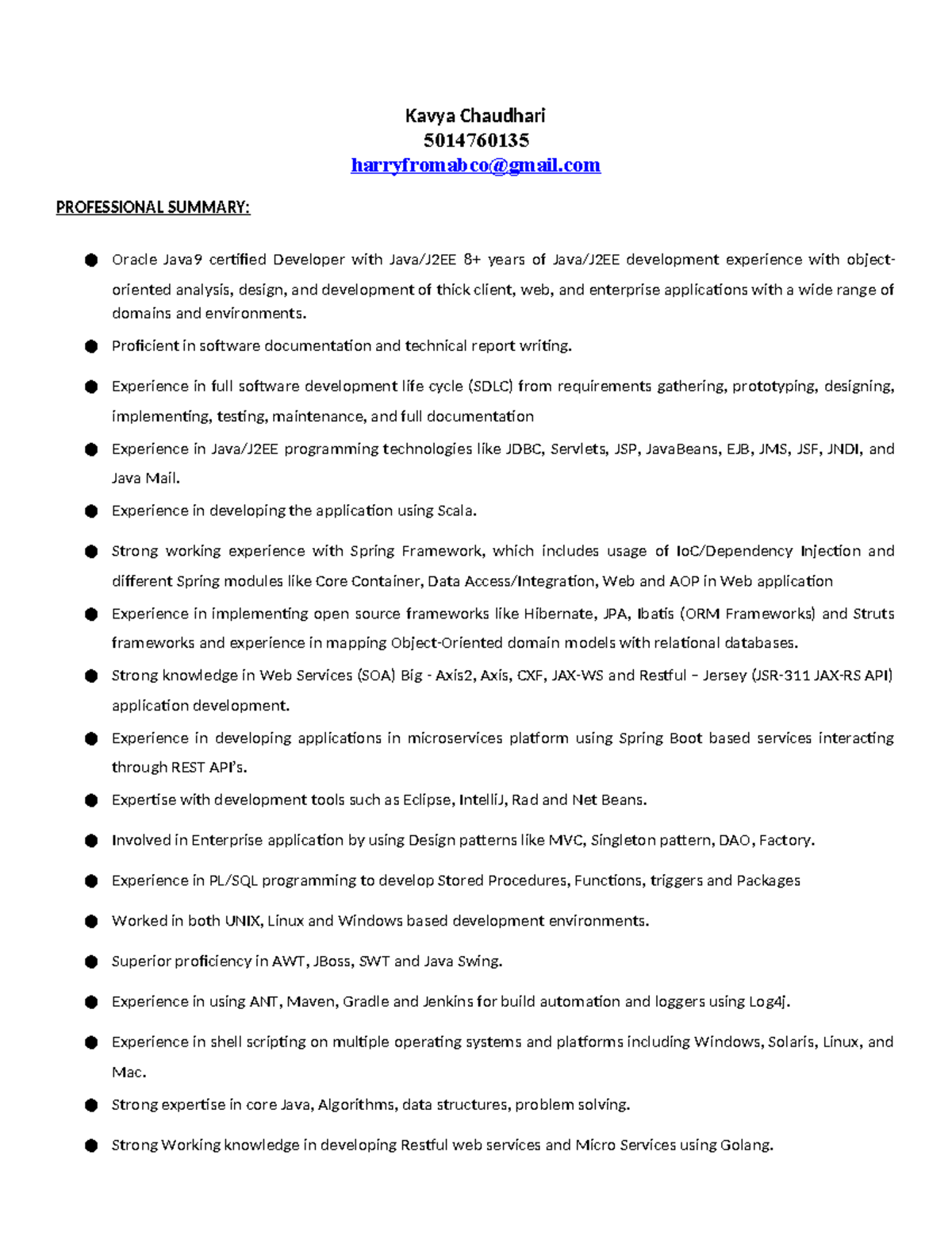 Kavya Chaudhari 5014760135 - Professional Resume for Java Developer - Studocu
