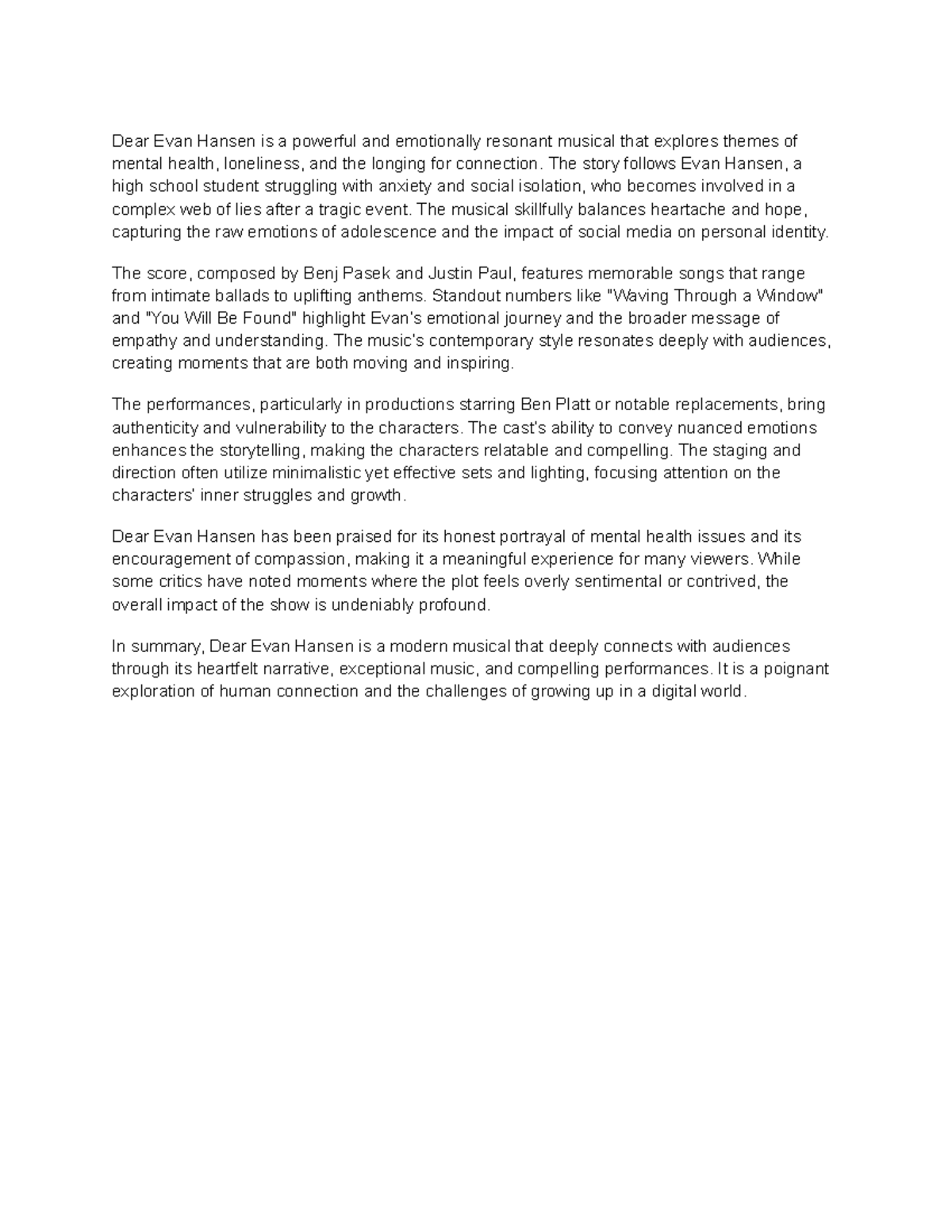 DEH Review - Emotional Impact and Themes in the Musical - Studocu