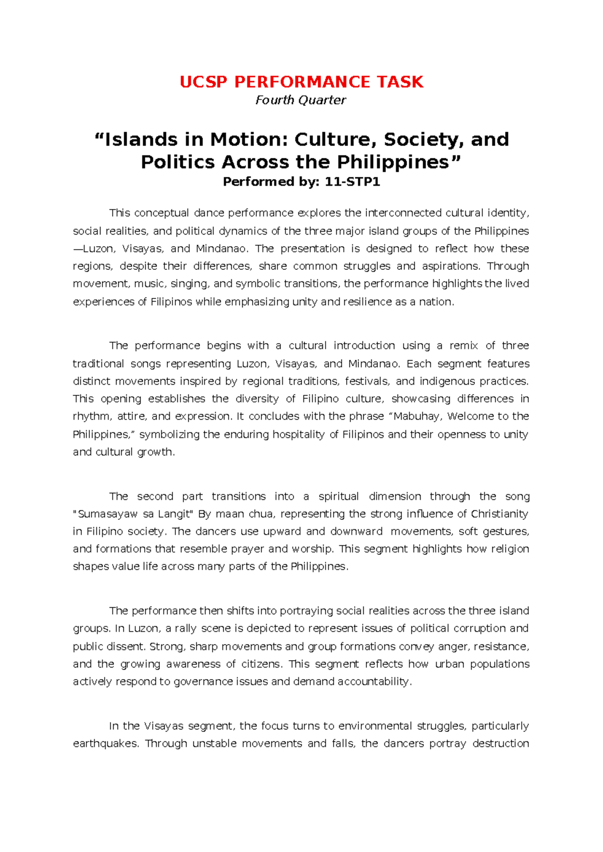 UCSP PERFORMANCE TASK: Cultural Dynamics in Dance Performance - Studocu