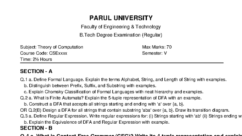Model Question Paper for TOC (Theory of Computation) - B.Tech Sem V - Studocu