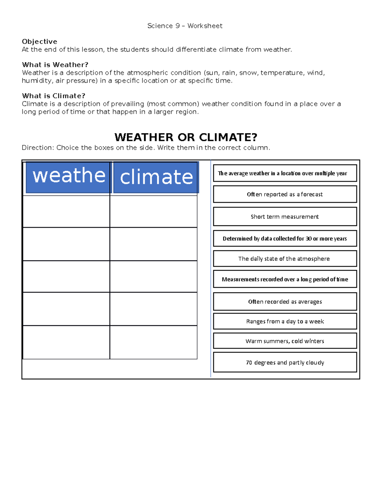 Climate And Weather Worksheet