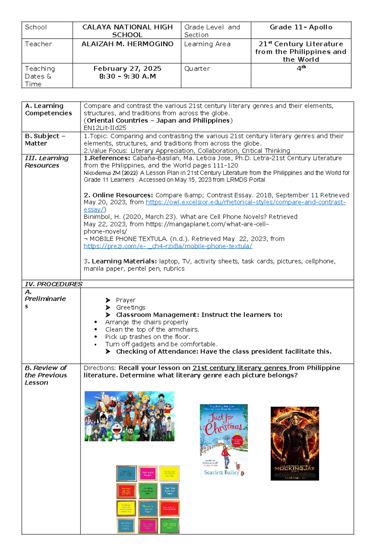21st Century Literature Lesson Plan: Compare & Contrast (Grade 11 ...