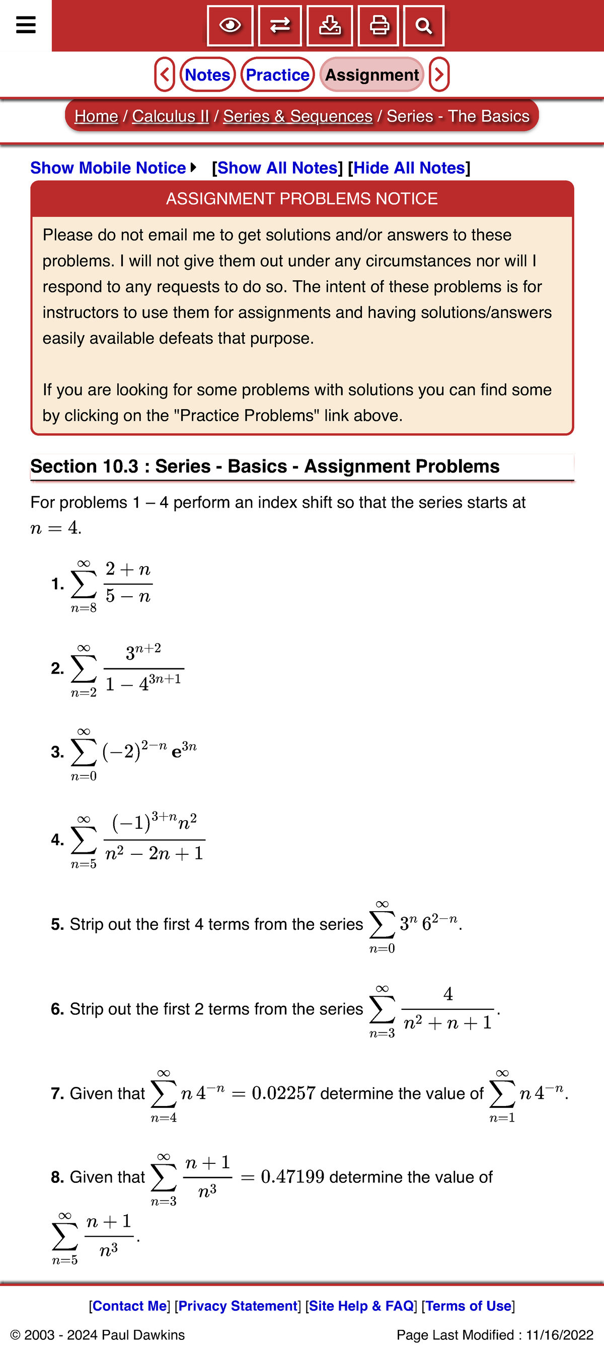 Calculus II - Series - The Basics (Assignment Problems) - Paul's Online ...